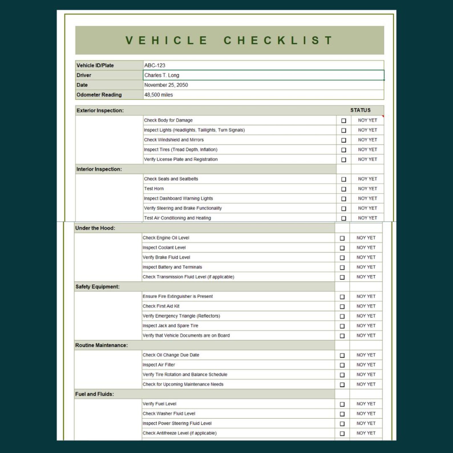 VEHICLE & MILEAGE TRACKER Templates, Vehicle Checklist Template, Fuel ...