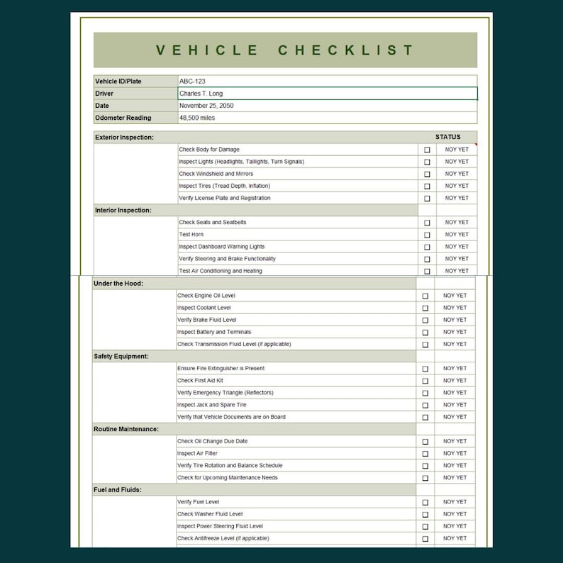VEHICLE & MILEAGE TRACKER Templates, Vehicle Checklist Template, Fuel ...