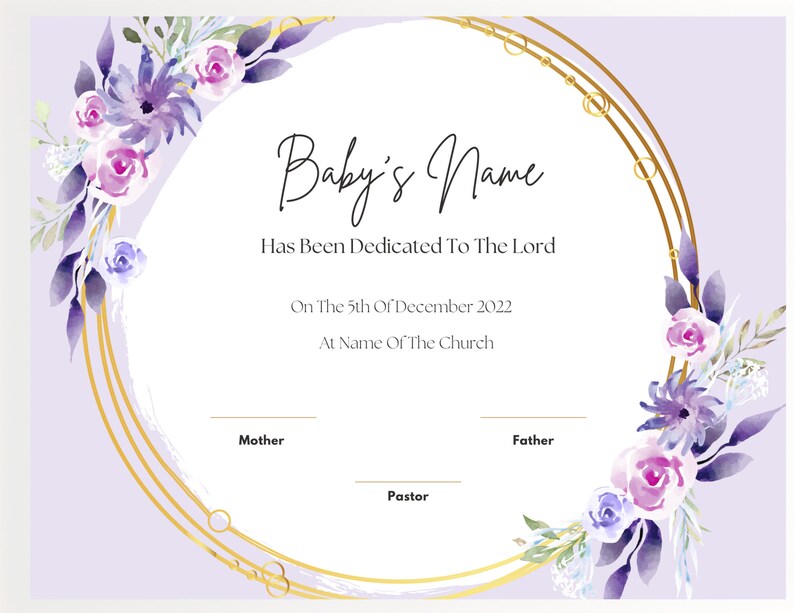 A4 & US Letter Baby Dedication Certificate Template | Church Template ...