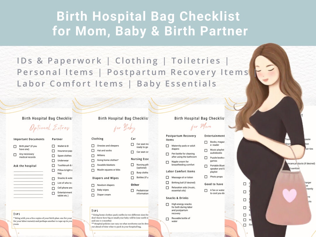 Birth Hospital Bag Checklist, Maternity Hospital Bag, Birth Bag Packing ...