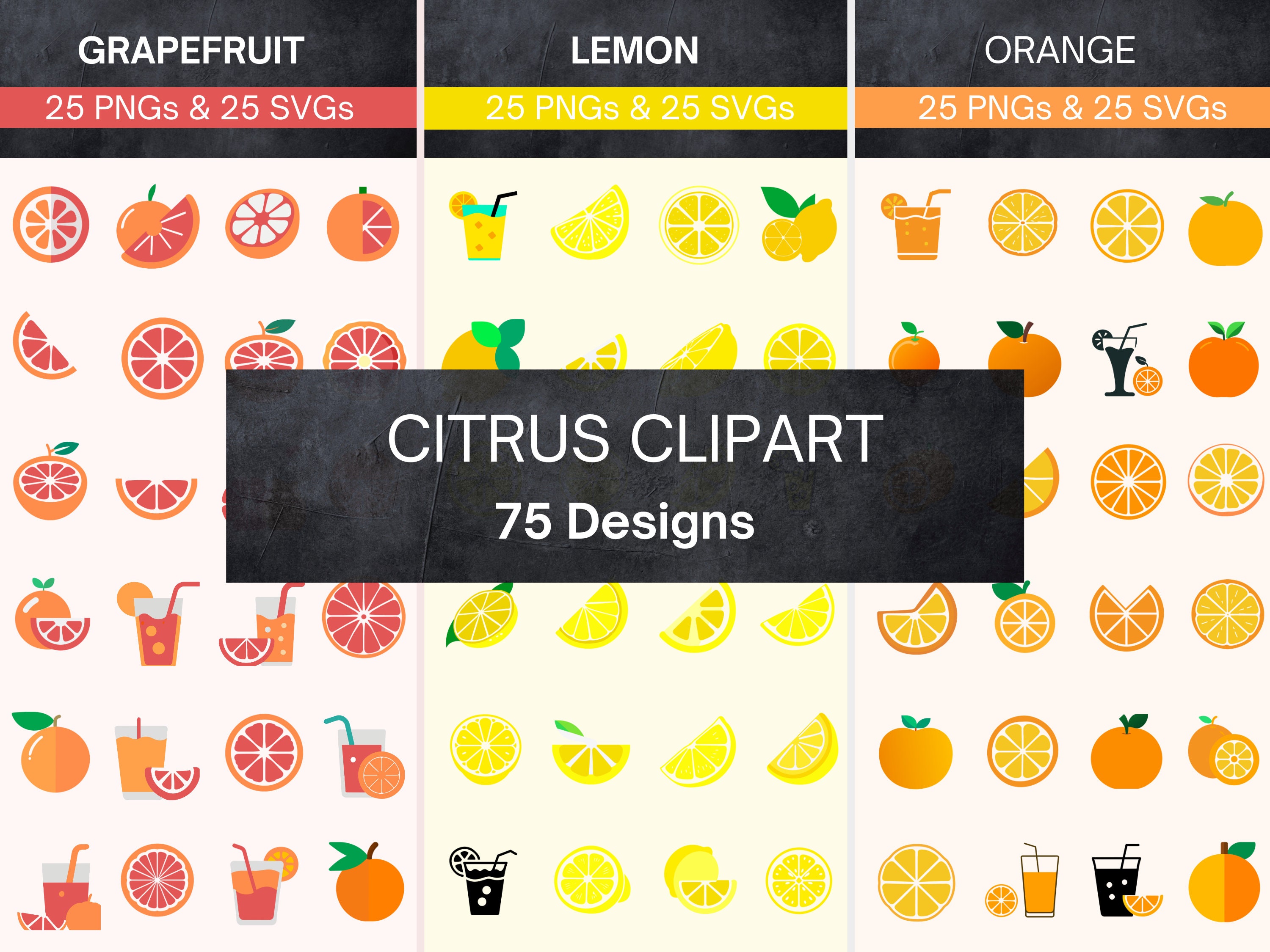 75 Citrus Clipart Bundle | Grapefruit- Lemon- Orange Clipart- SVG & PNG ...