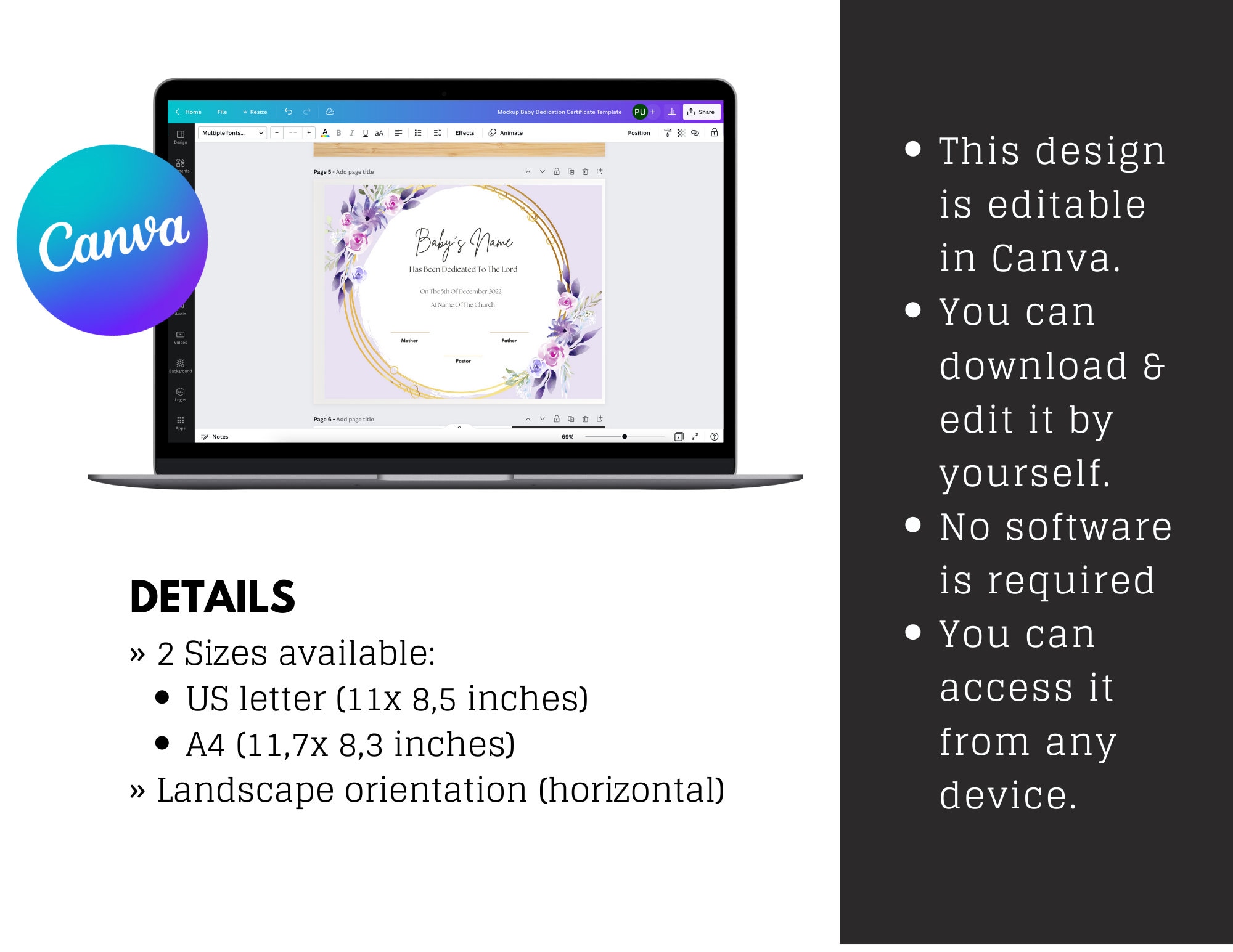 A4 & US Letter Baby Dedication Certificate Template | Church Template ...