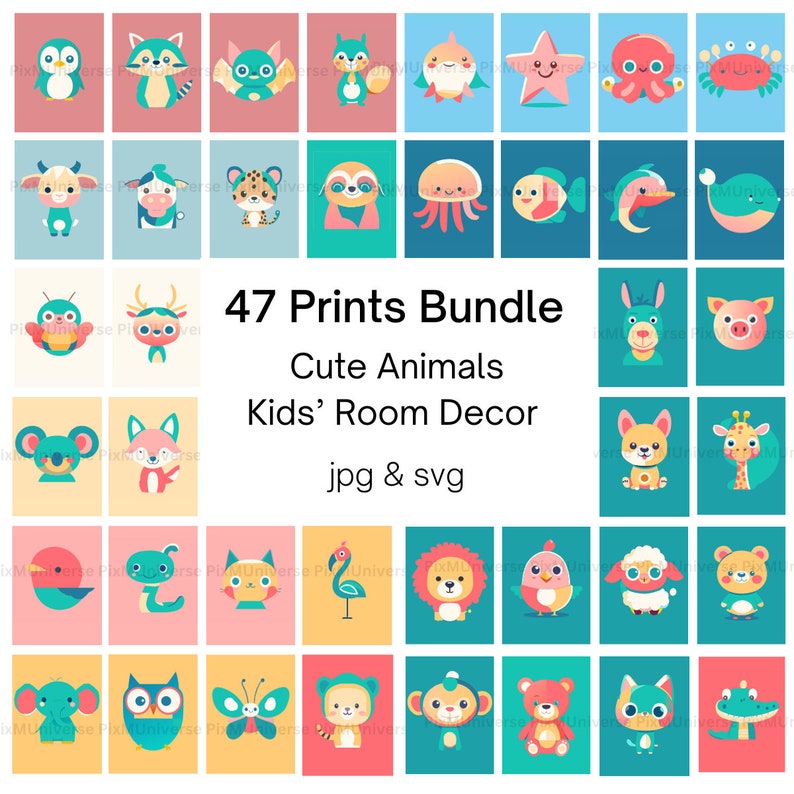 47 Cute Animals Posters Bundle for Kids' Room Decor, Set of Prints ...