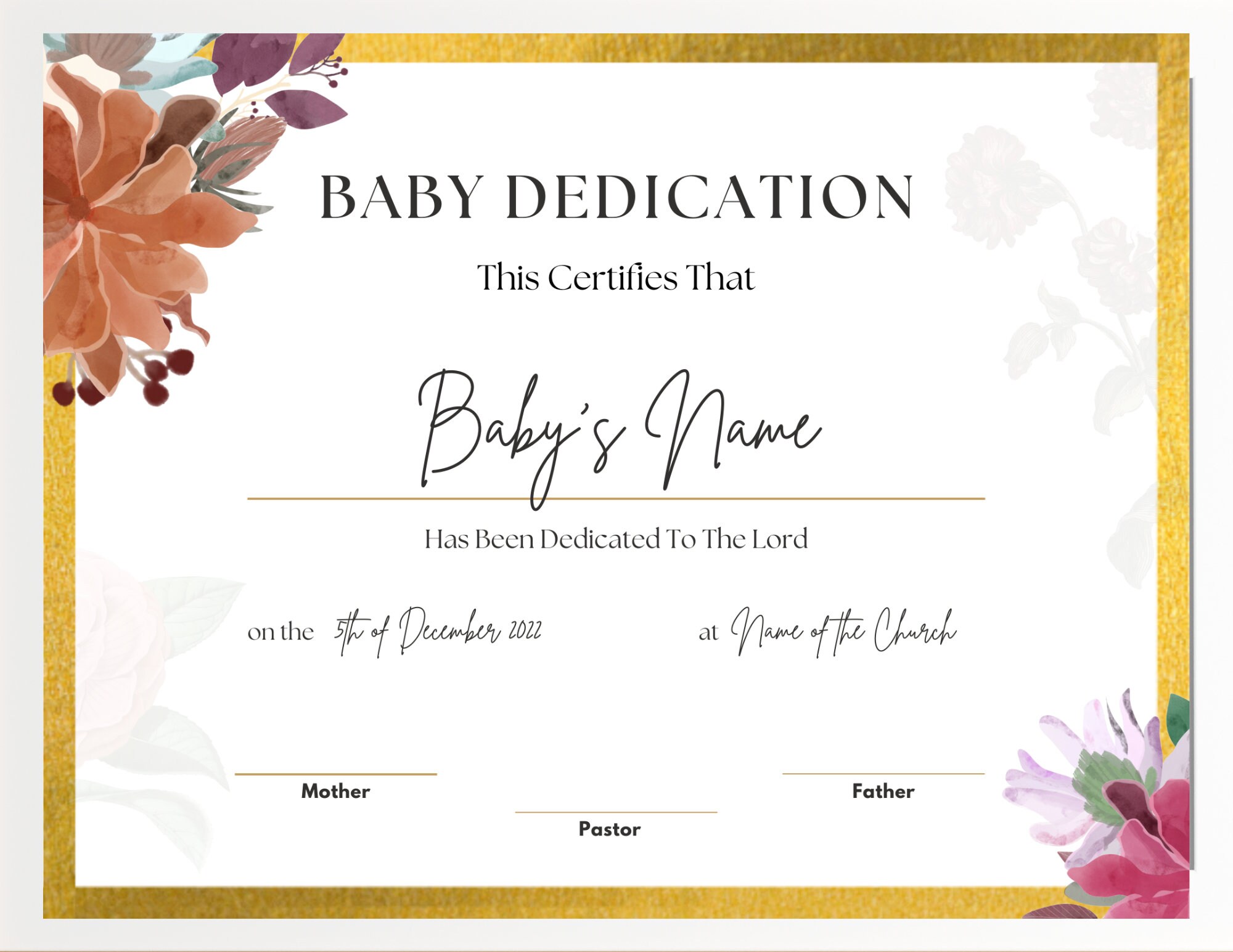 A4 & US Letter Baby Dedication Certificate Template | Church Template ...