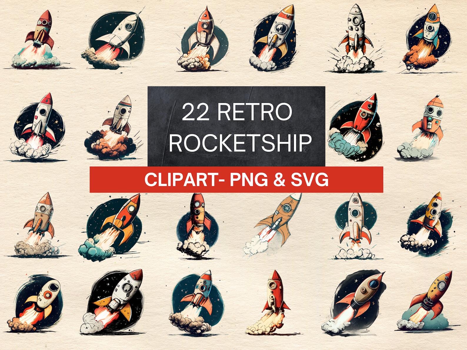 22 Retro Rocketship Clipart SVG & PNG, Space Rocket Clipart, Rocket ...