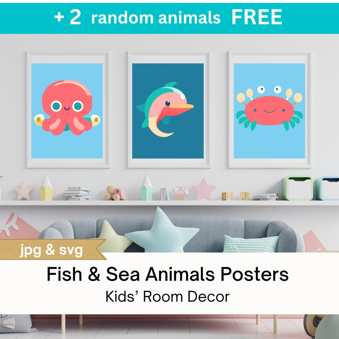 Fish & Sea Animals Posters, Kids' Room Decor, Digital Prints Dolphin ...