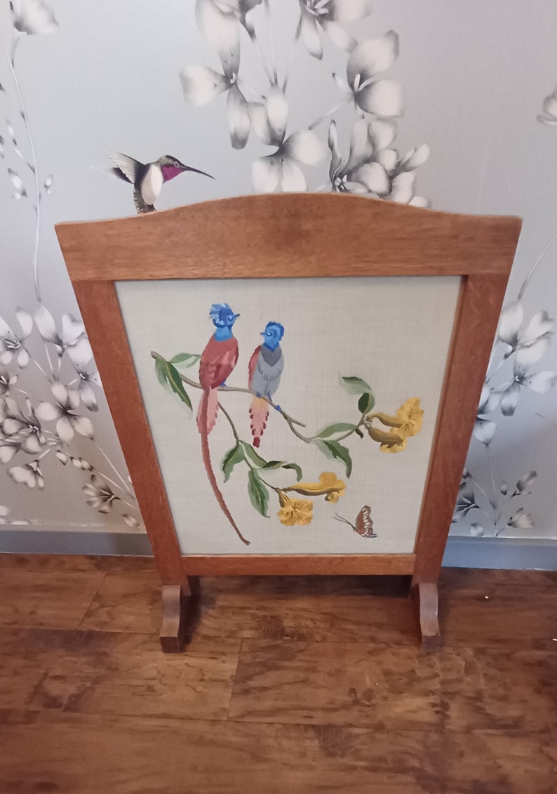 Vintage Mid-century Wooden Glass Fronted Embroidered Fire Screen ...