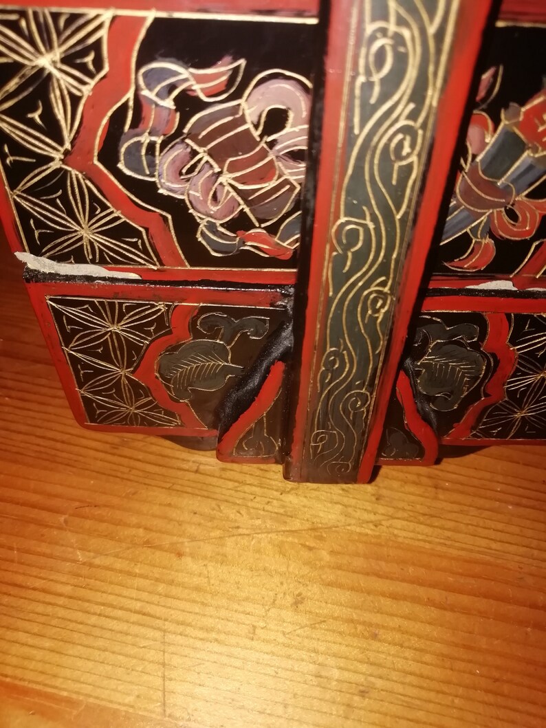 Vintage Mid Century Decorative Chinese Stacking Handled Lunch Box Wood ...