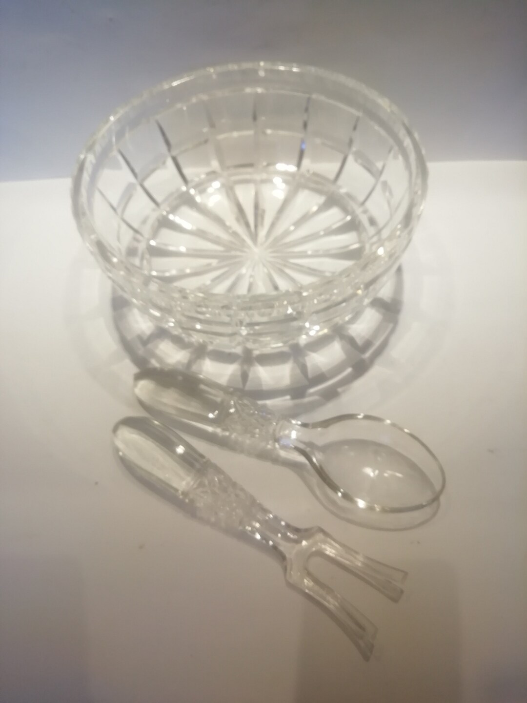 Vintage Crystal Salad Bowl With Glass Utensils - Etsy UK
