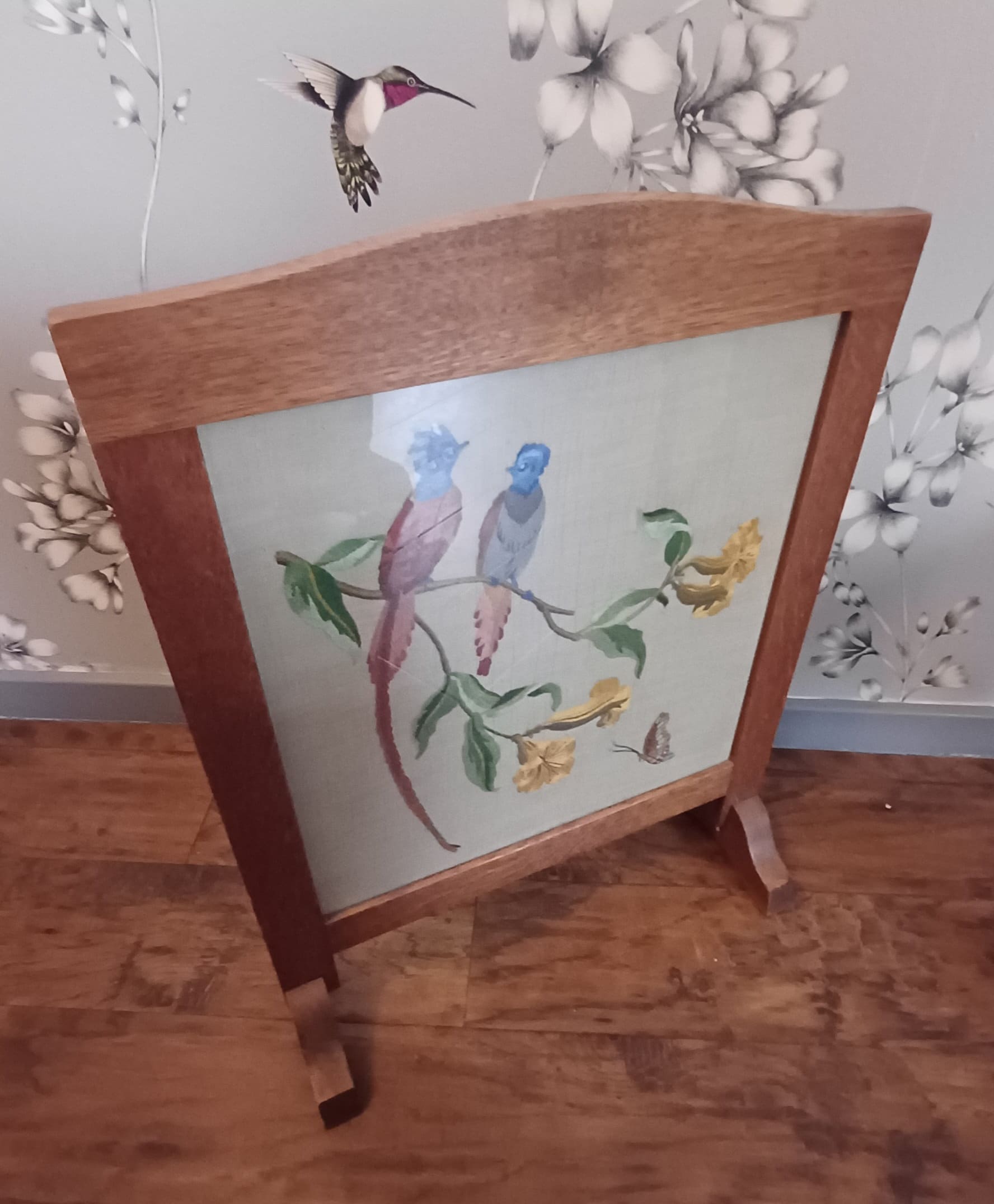 Vintage Mid-century Wooden Glass Fronted Embroidered Fire Screen ...