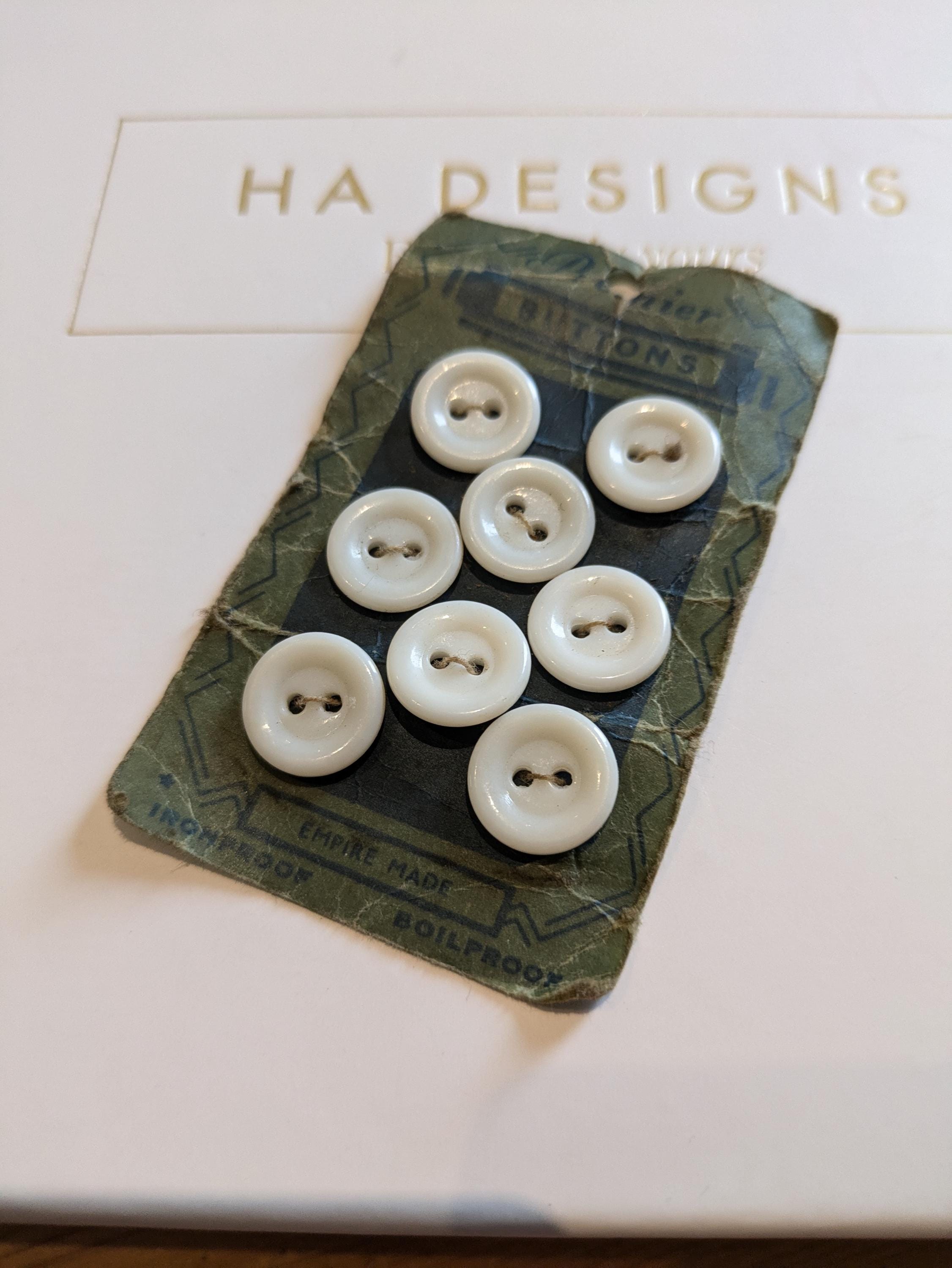 Vintage Premier Empire Made White Plastic Buttons on Original Card ...