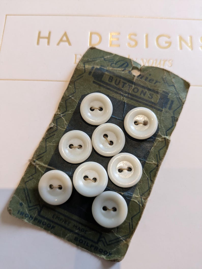 Vintage Premier Empire Made White Plastic Buttons on Original Card ...