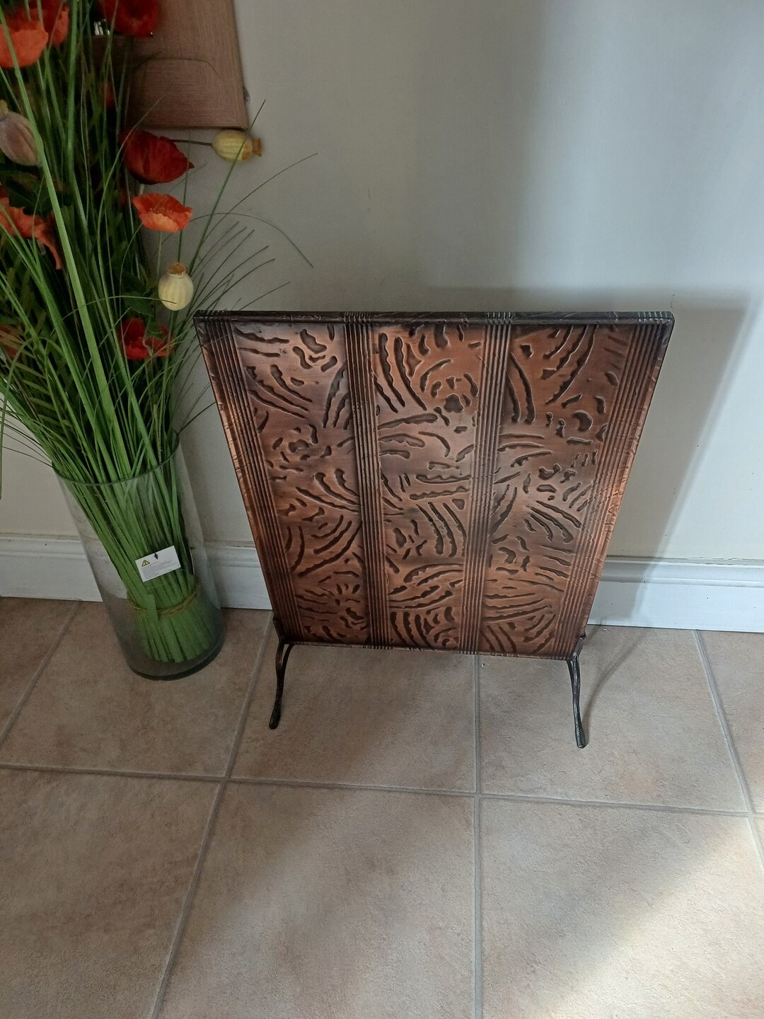 Vintage hammered Copper Fire Screen With Brass Feet - Etsy