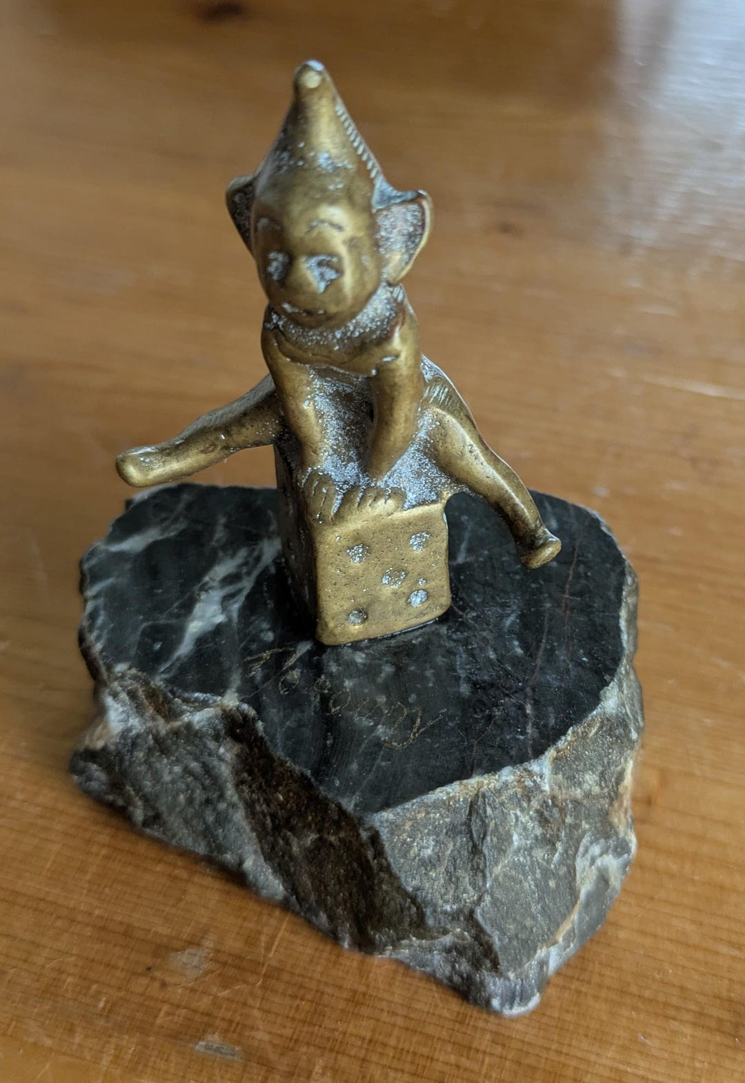 Vintage Cornish Solid Brass Pixie Luck Charm Sitting on a Dice, Mounted ...