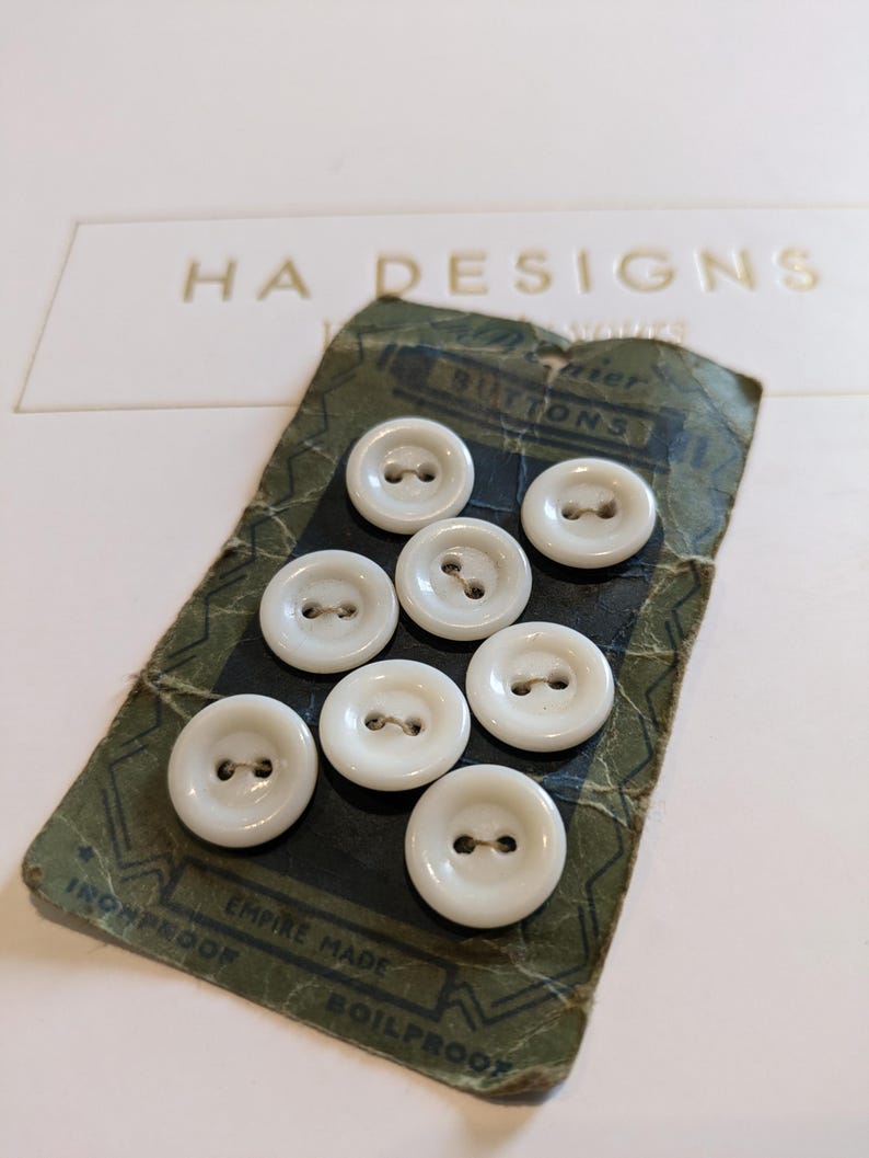 Vintage Premier Empire Made White Plastic Buttons on Original Card ...