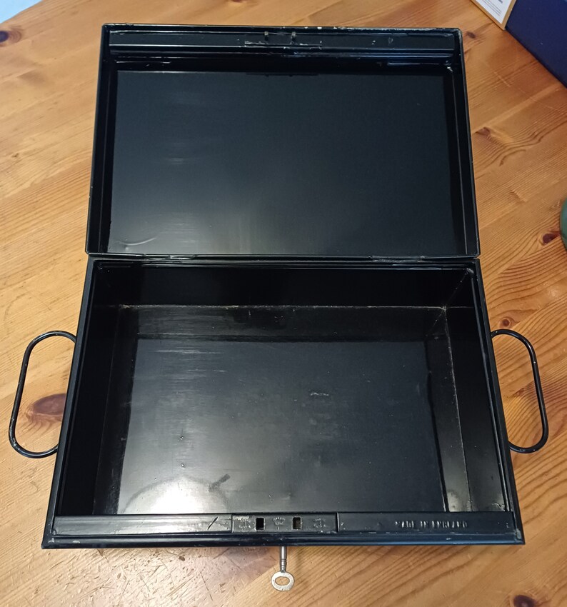 Vintage Black Metal Handled Lockable 2 Lever Metal Secure Box With Key ...