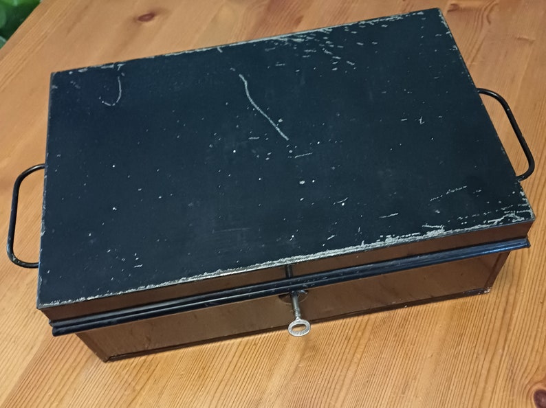 Vintage Black Metal Handled Lockable 2 Lever Metal Secure Box With Key ...