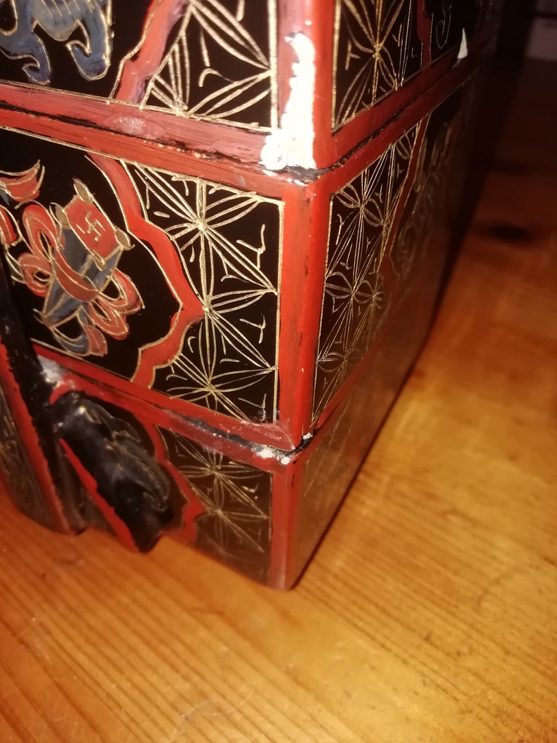 Vintage Mid Century Decorative Chinese Stacking Handled Lunch Box Wood ...