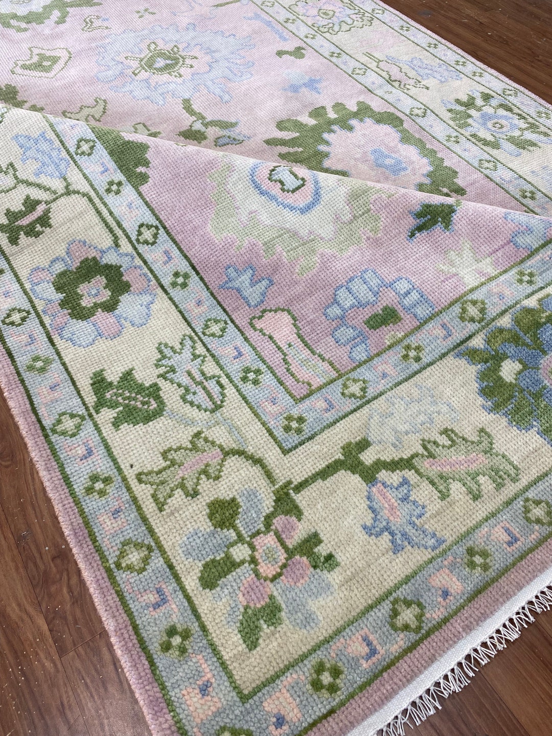 Hand Knotted Wool Oushak Rug: Pink and Green Turkish Carpet - Etsy