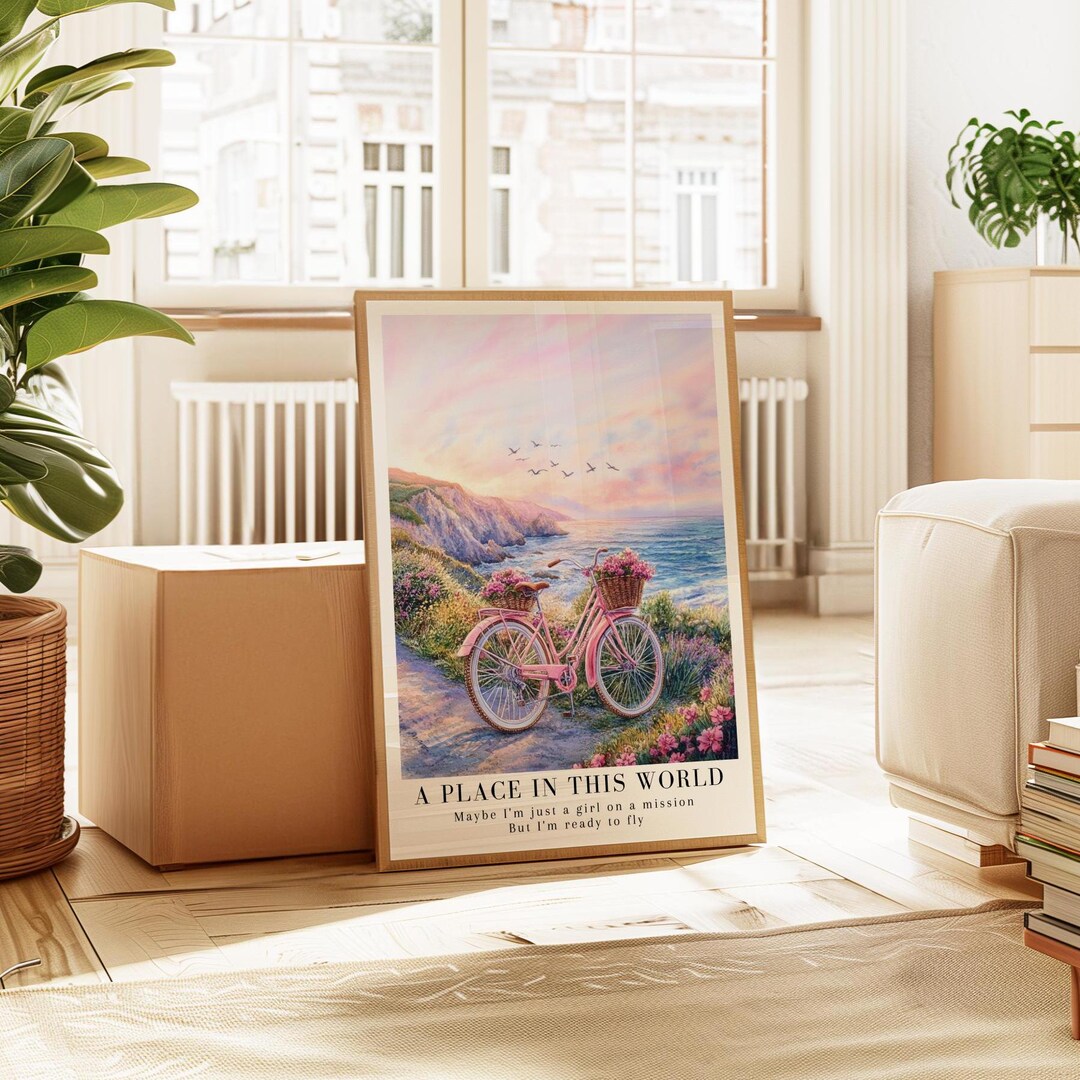 A Place in This World Poster, Pink Bike Watercolor Art, Beach Scenery ...