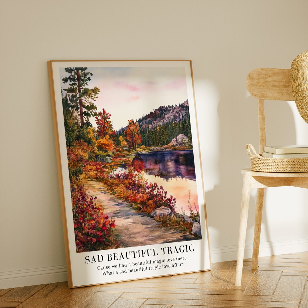 Sad Beautiful Tragic Poster, Fall Wall Art, Autumn Lakeside Watercolor ...