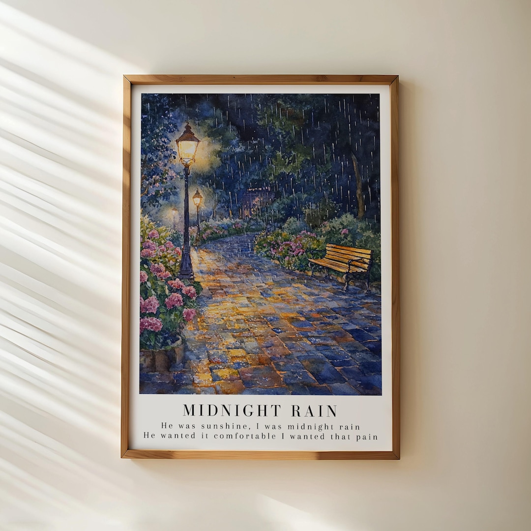 Midnight Rain Poster, Rainy Street Lamp and Bench Scenery Art ...