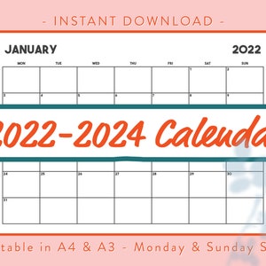 2022-2024 Printable Calendars in A4 or A3, Monday & Sunday Start ...