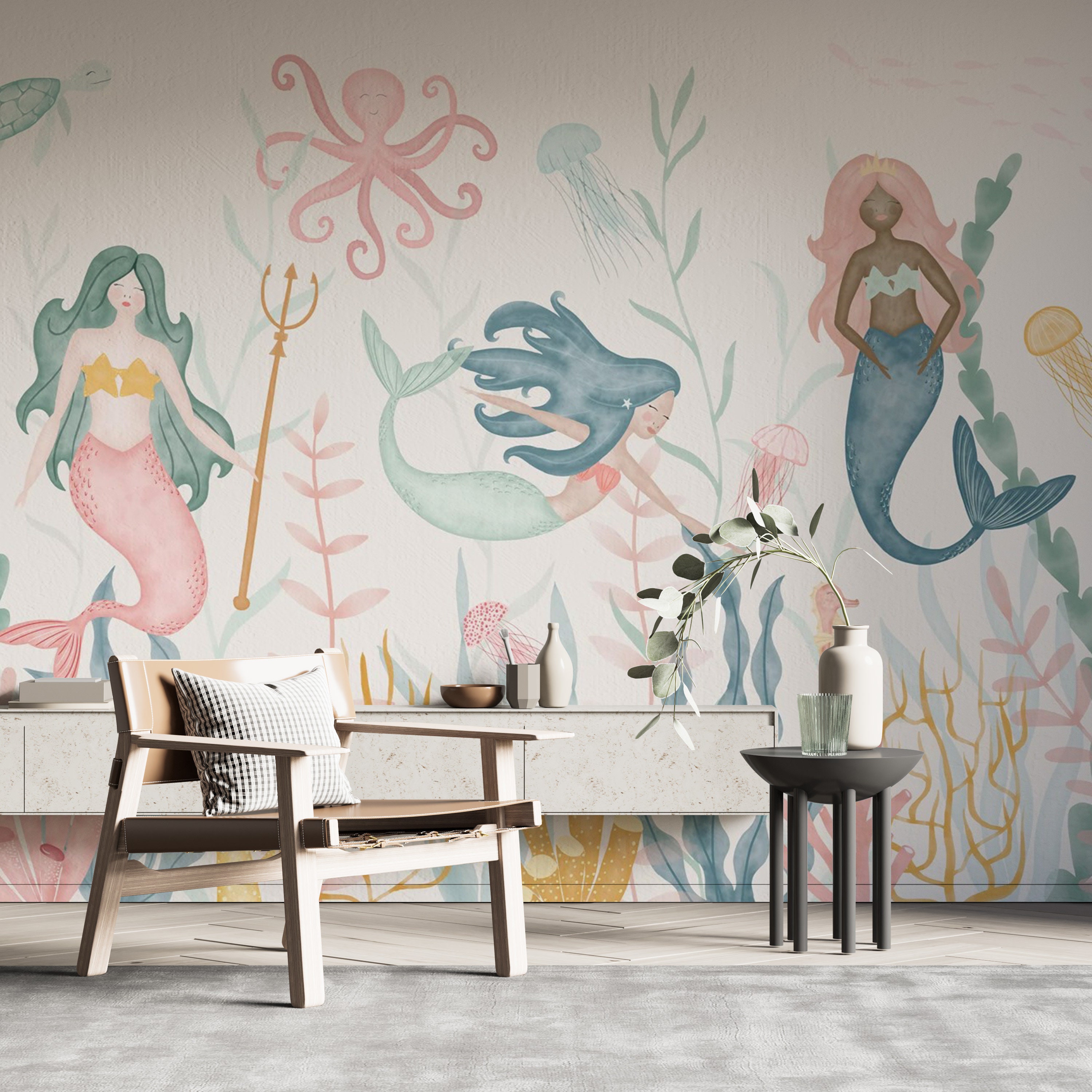 Watercolor Mermaid Decor Peel & Stick Wallpaper Mural Soft Pastel ...