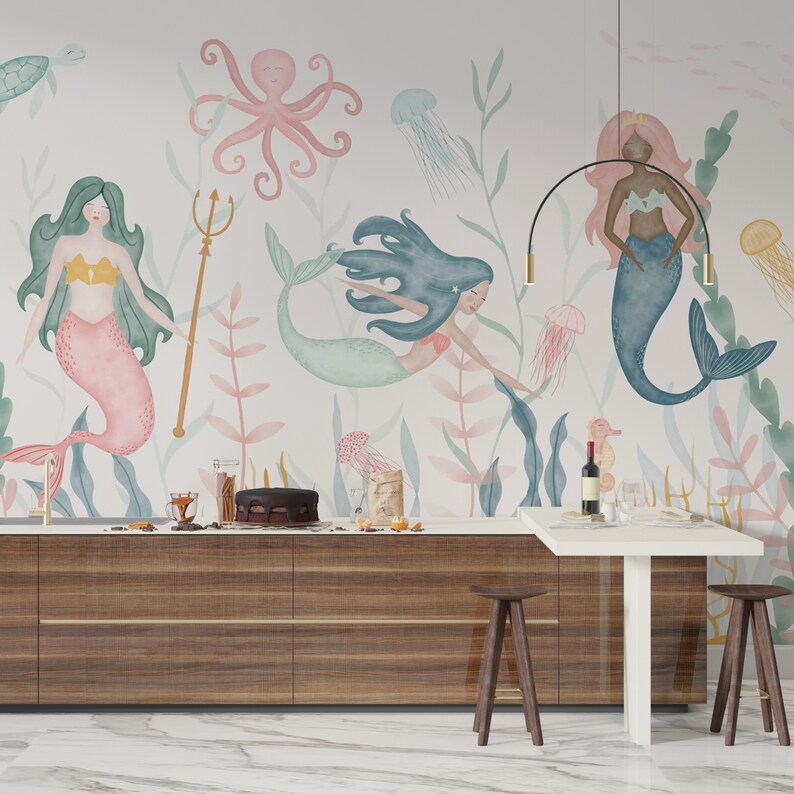 Watercolor Mermaid Decor Peel & Stick Wallpaper Mural Soft Pastel ...