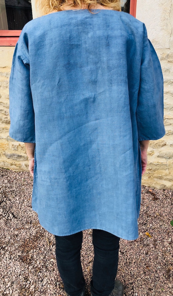 Antique French Linen smock (Late 1800s) Vintage Blue … - Gem