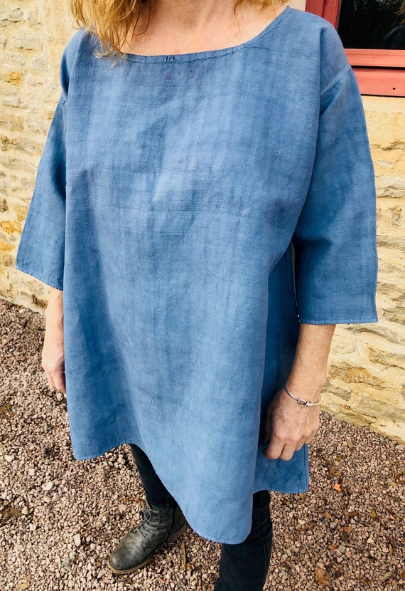Antique French Linen smock (Late 1800s) Vintage Blue … - Gem