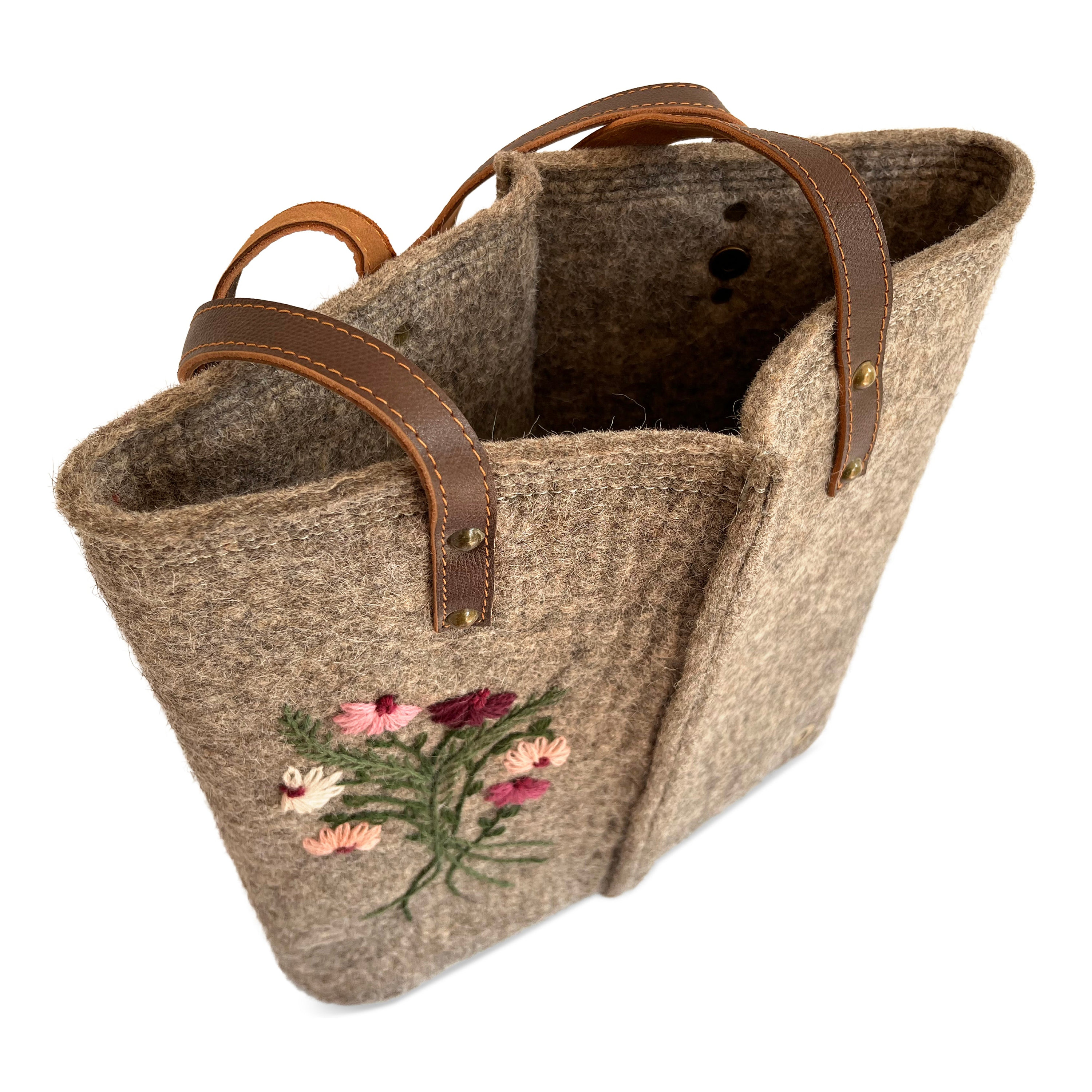 Embroidered Felt Tote Bag: Handmade Wool Floral Design, Leather Handles ...