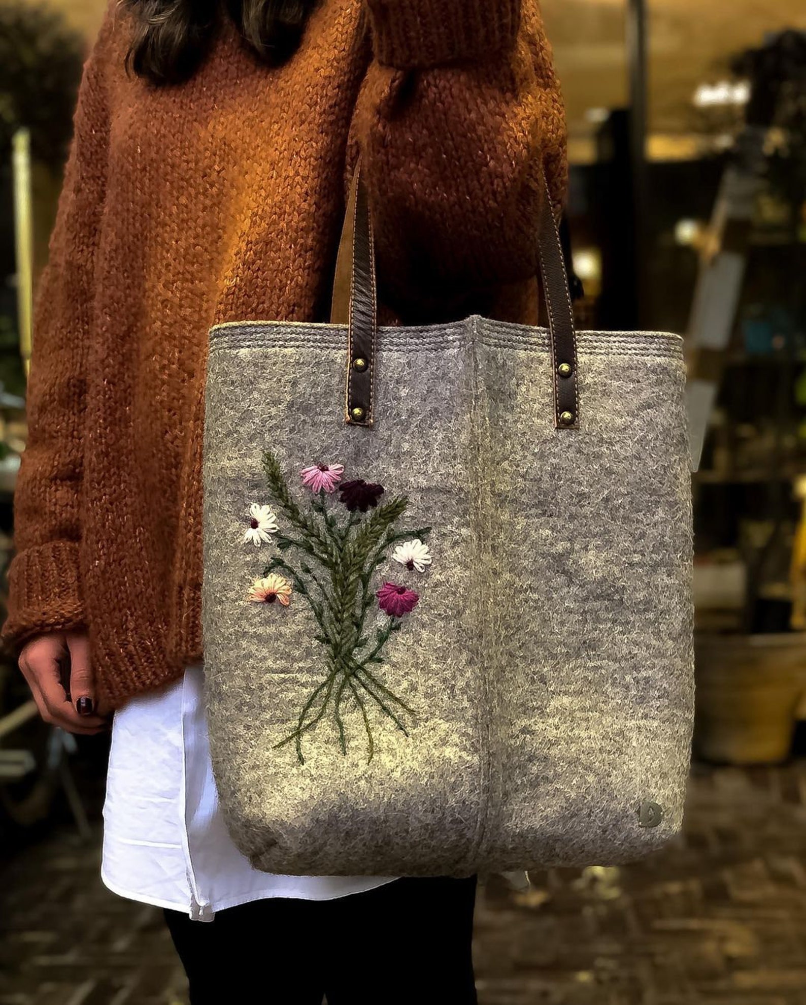 Embroidered Felt Tote Bag: Handmade Wool Floral Design, Leather Handles ...