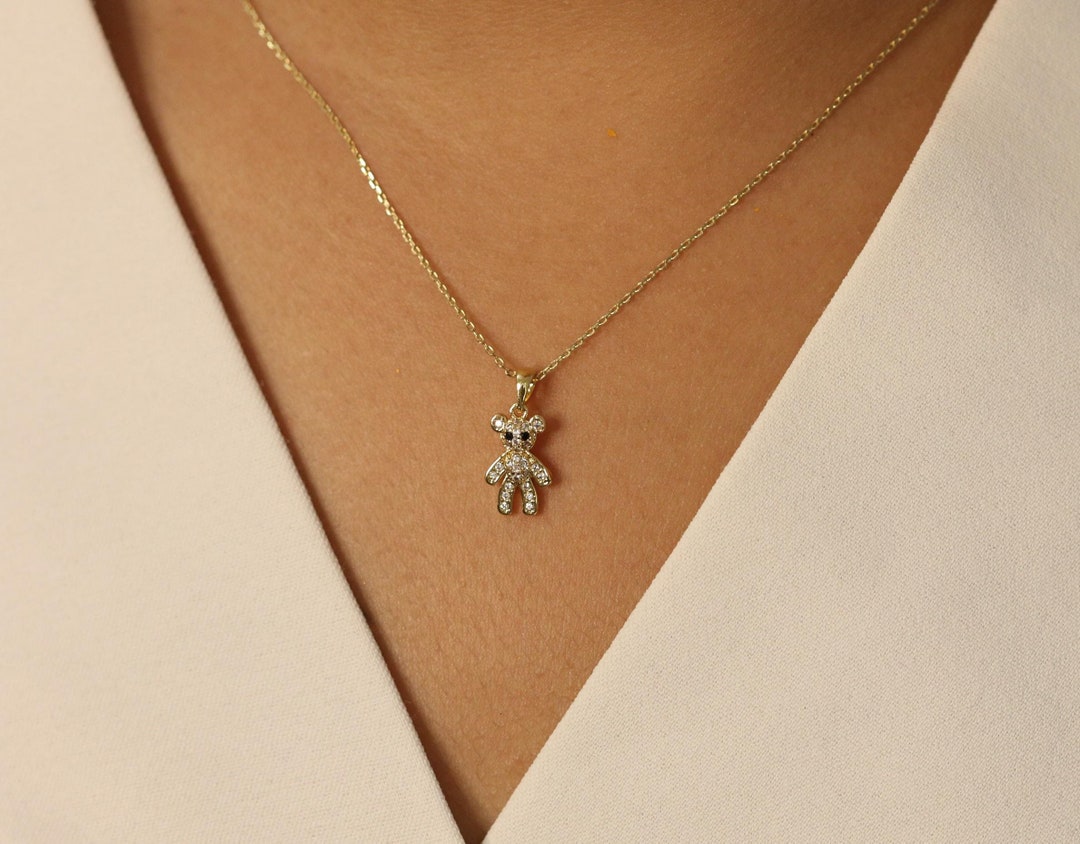 Teddy Bear Pendant Necklace, Gold Minimalist Bear Necklace, 3D Puff ...
