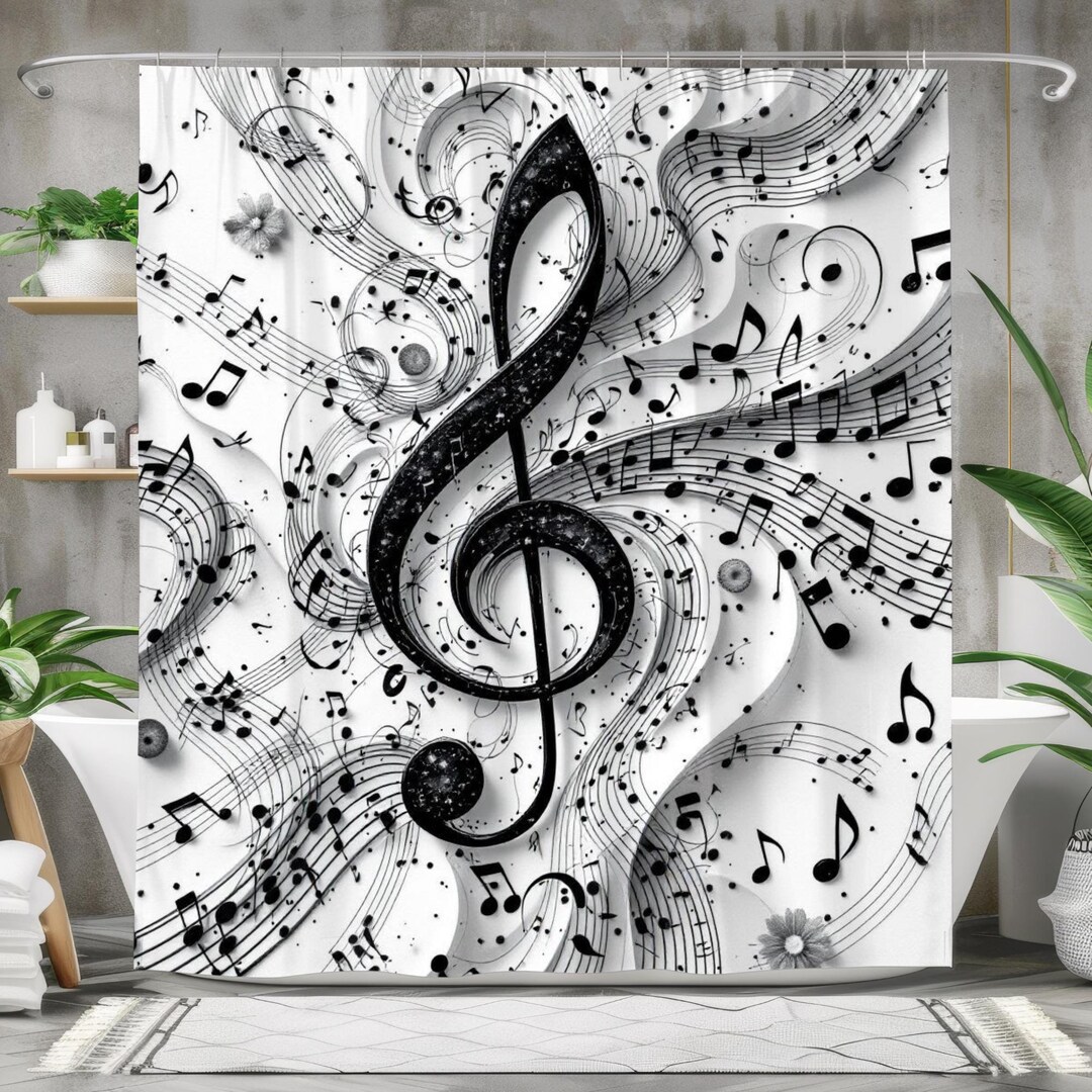 Music Shower Curtain, Black White Musical Notes Shower Curtain, Elegant ...