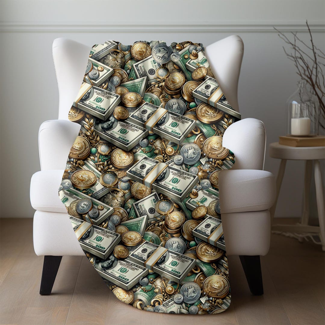 Luxury Money Blanket, Soft Sherpa Fleece Throw, Money Coins Print ...