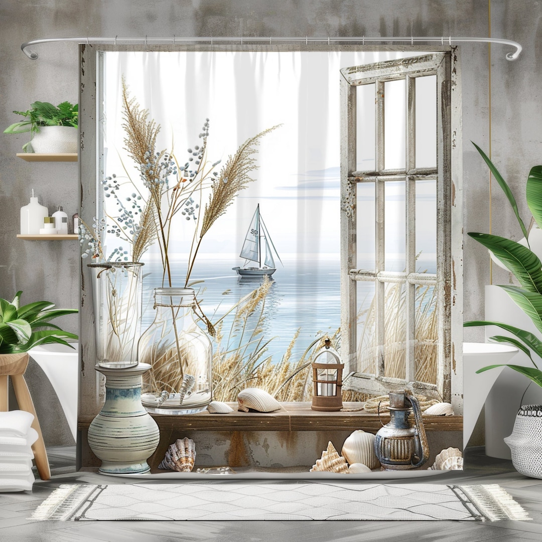 Boho Ocean View Shower Curtain, Nautical Chic Bath Curtain, Bohemian ...