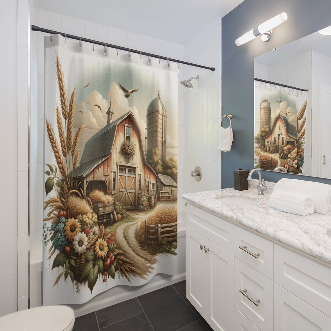 Country Farm Shower Curtain, Rustic Country Barn Home Decor, Peaceful ...