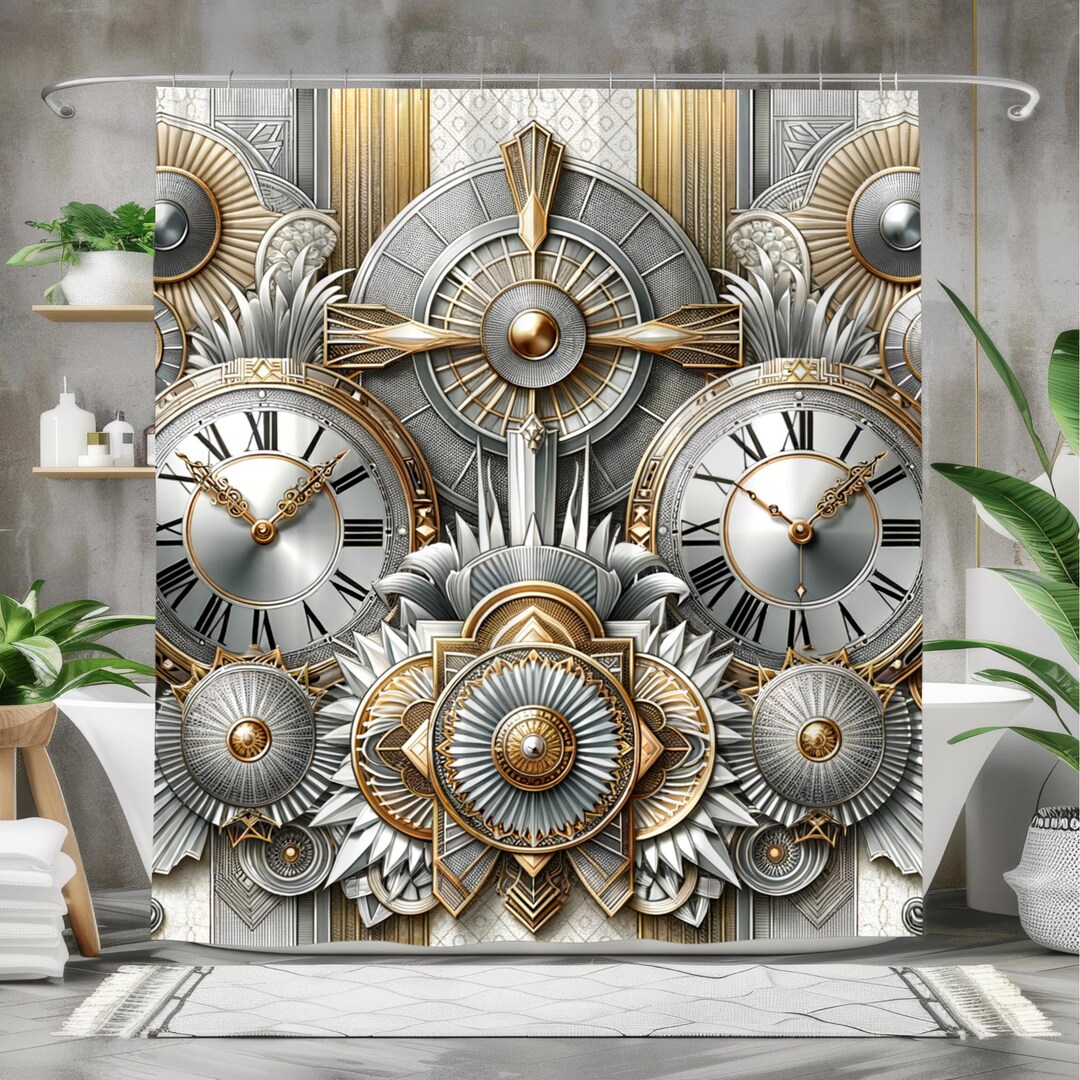 Art Deco Clock Shower Curtain, Gold Silver Bathroom Décor, Steampunk ...