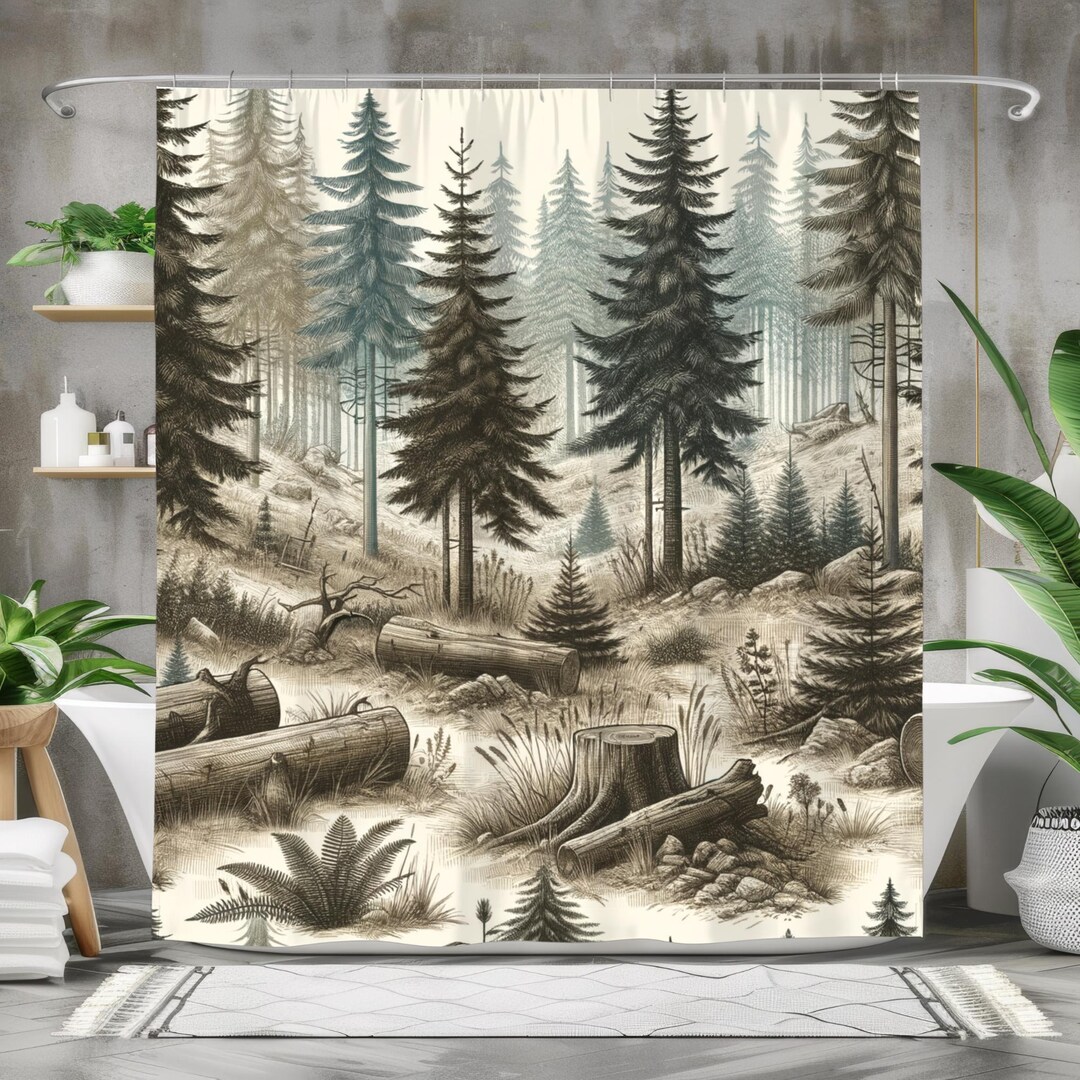 Rustic Woodland Forest Shower Curtain, Log Cabin Woodsy Sketch Home ...