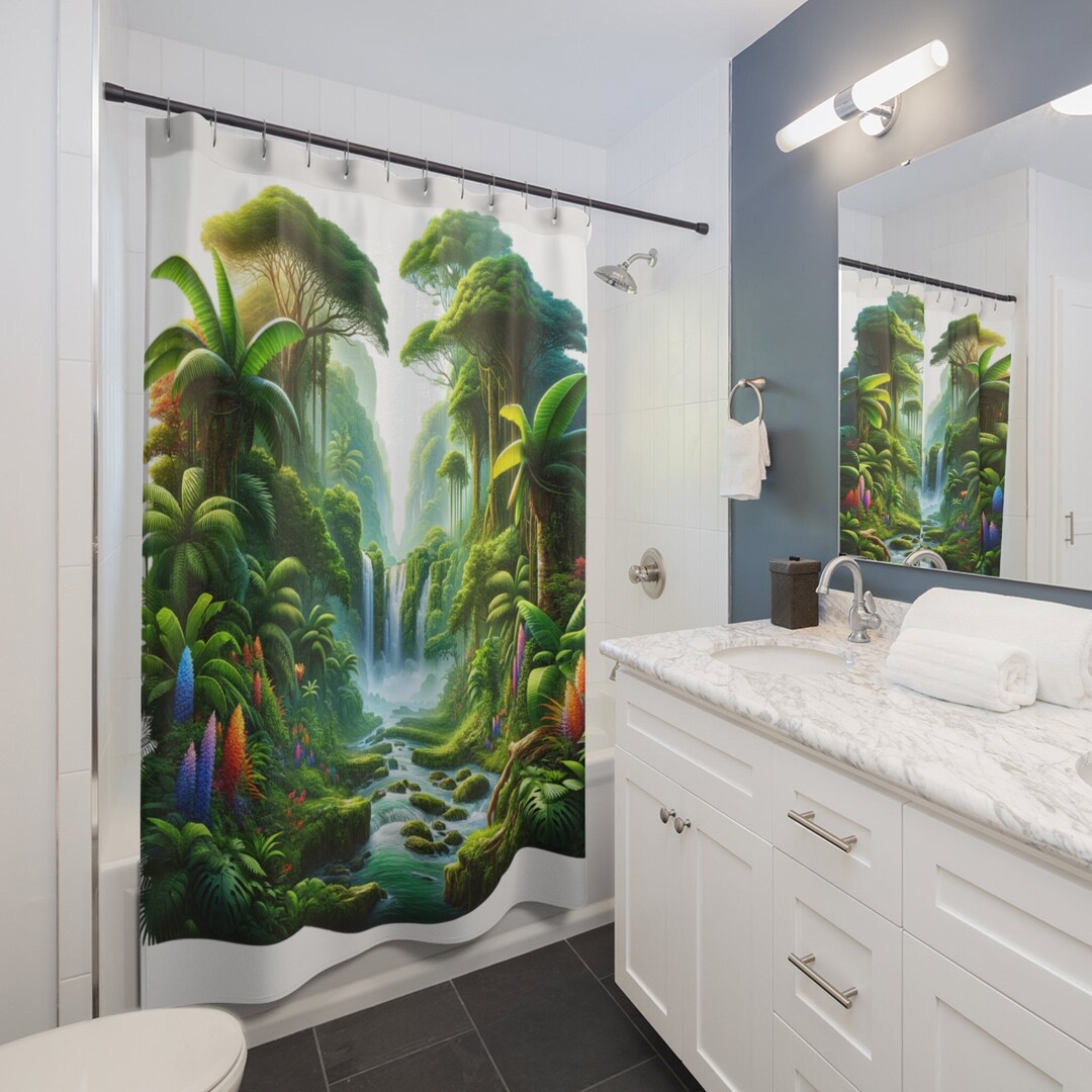 Tropical Rainforest Shower Curtain, Waterfall Oasis Bathroom Décor ...