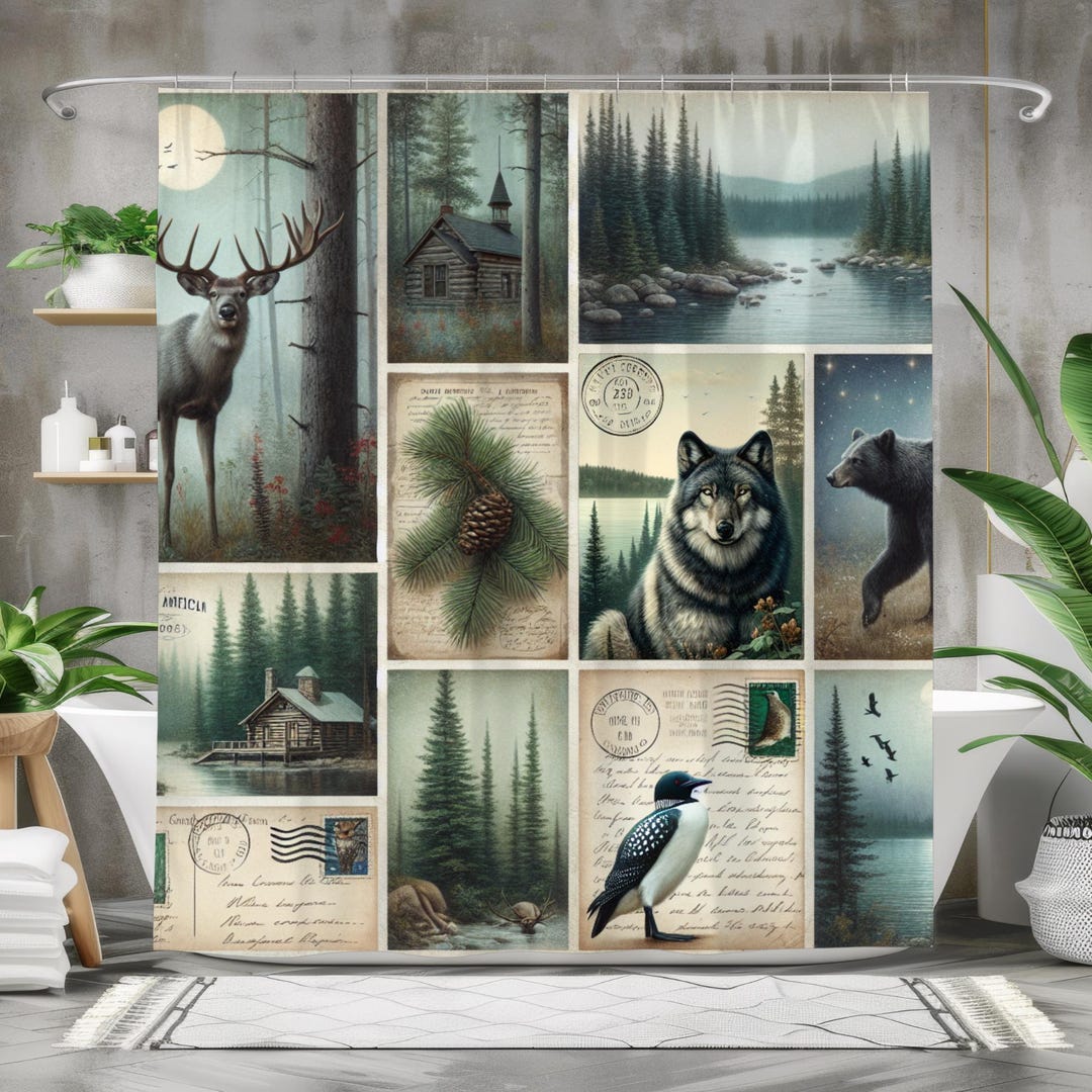 Cottage Lodge Rustic Wildlife Shower Curtain, Forest Animal Bathroom ...