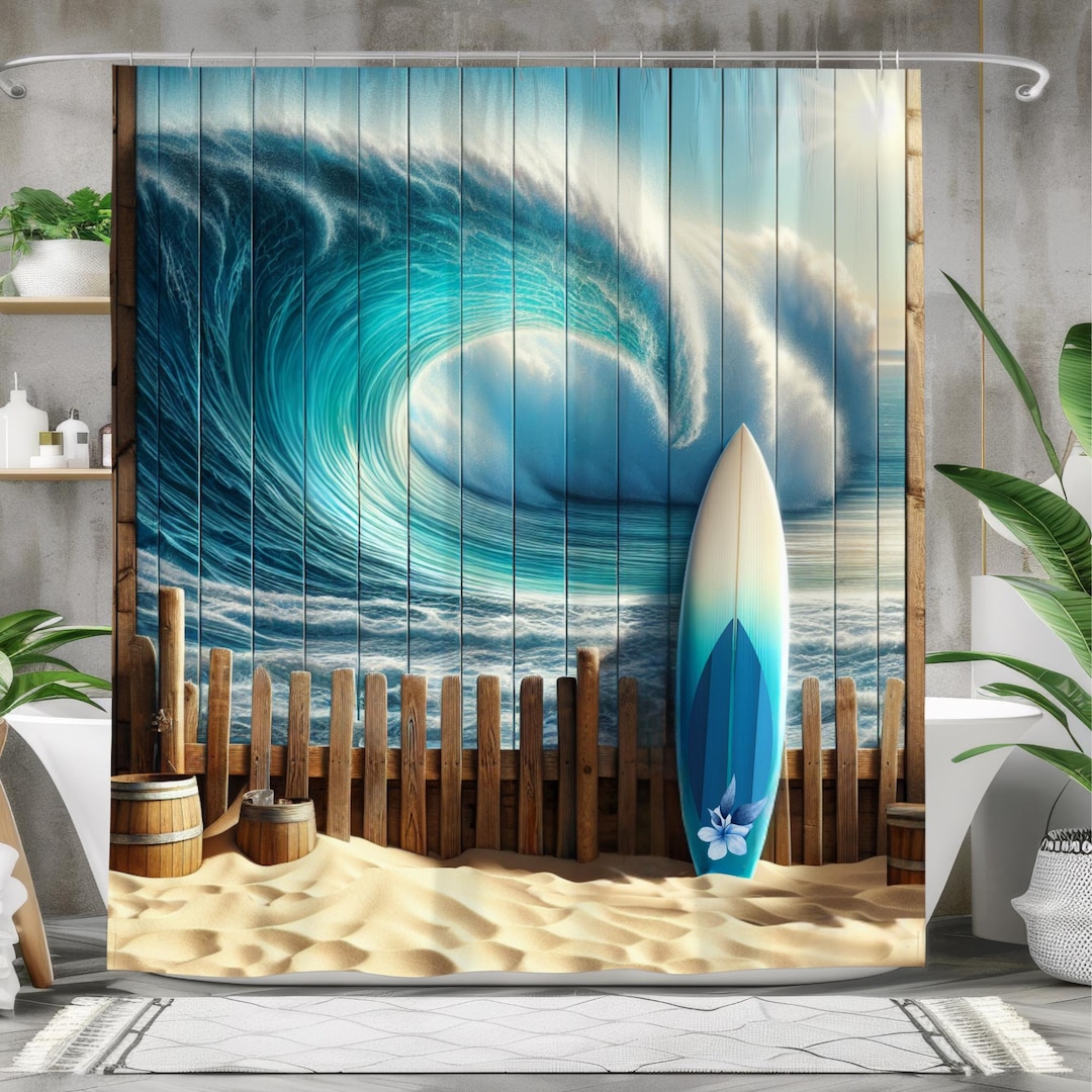 Surfboard Shower Curtain Art, Beach House Shower Design, Coastal Surf ...