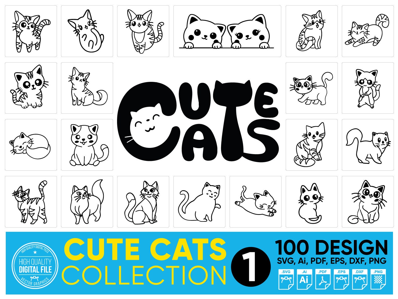 100 Cute Cats Cartoon Bundle SVG, Ai, Eps, Pdf, Dxf and PNG Files for ...