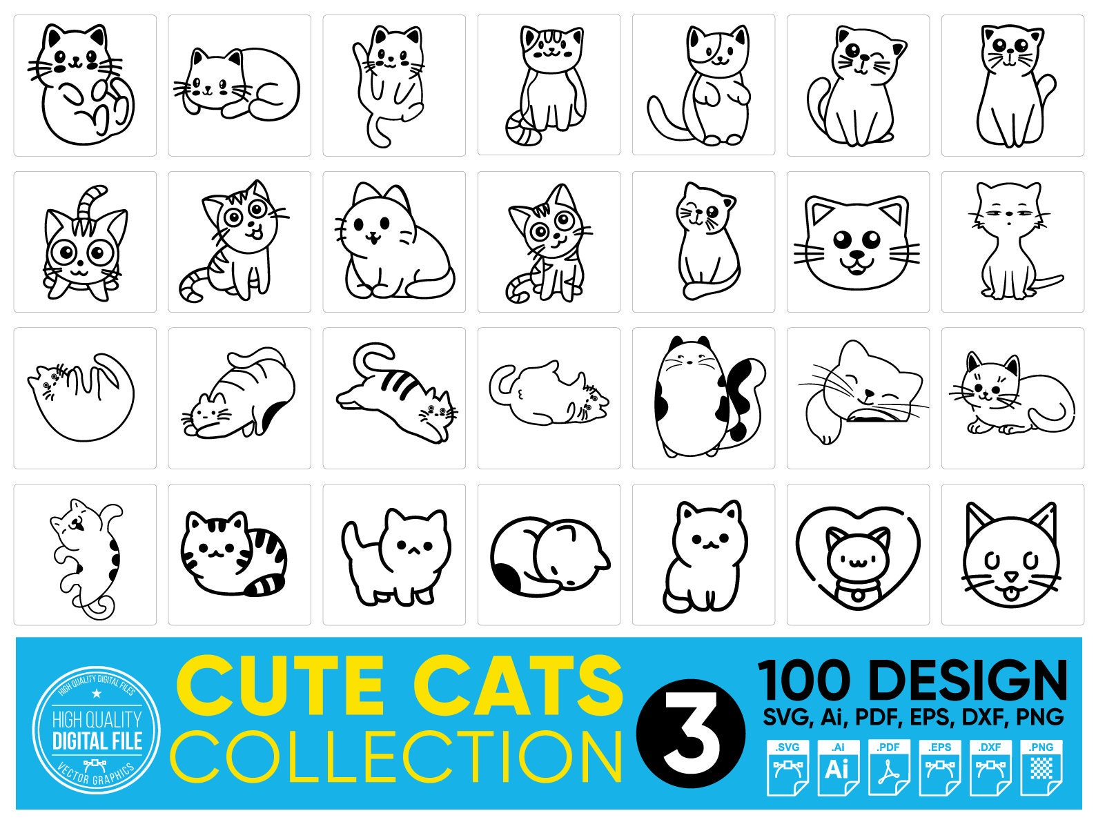 100 Cute Cats Cartoon Bundle SVG, Ai, Eps, Pdf, Dxf and PNG Files for ...
