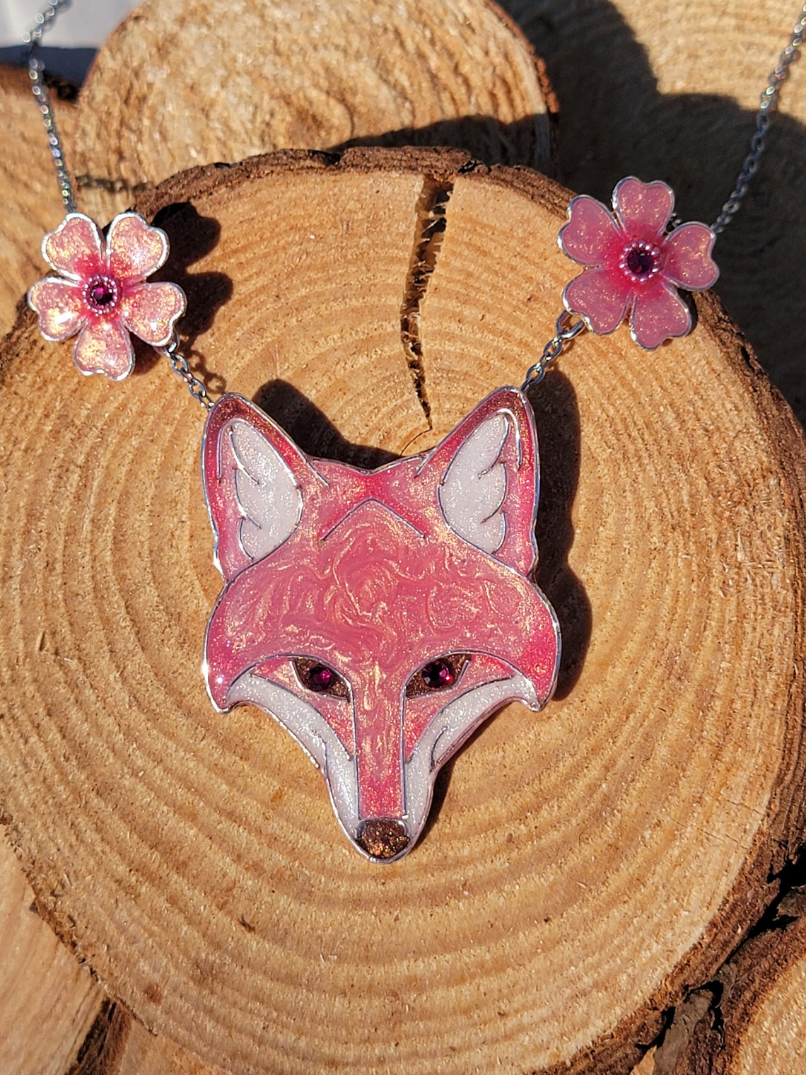 Cherry Blossom Fox Necklace, Sakura Flower Fox Pendant, Cherry Blossom ...