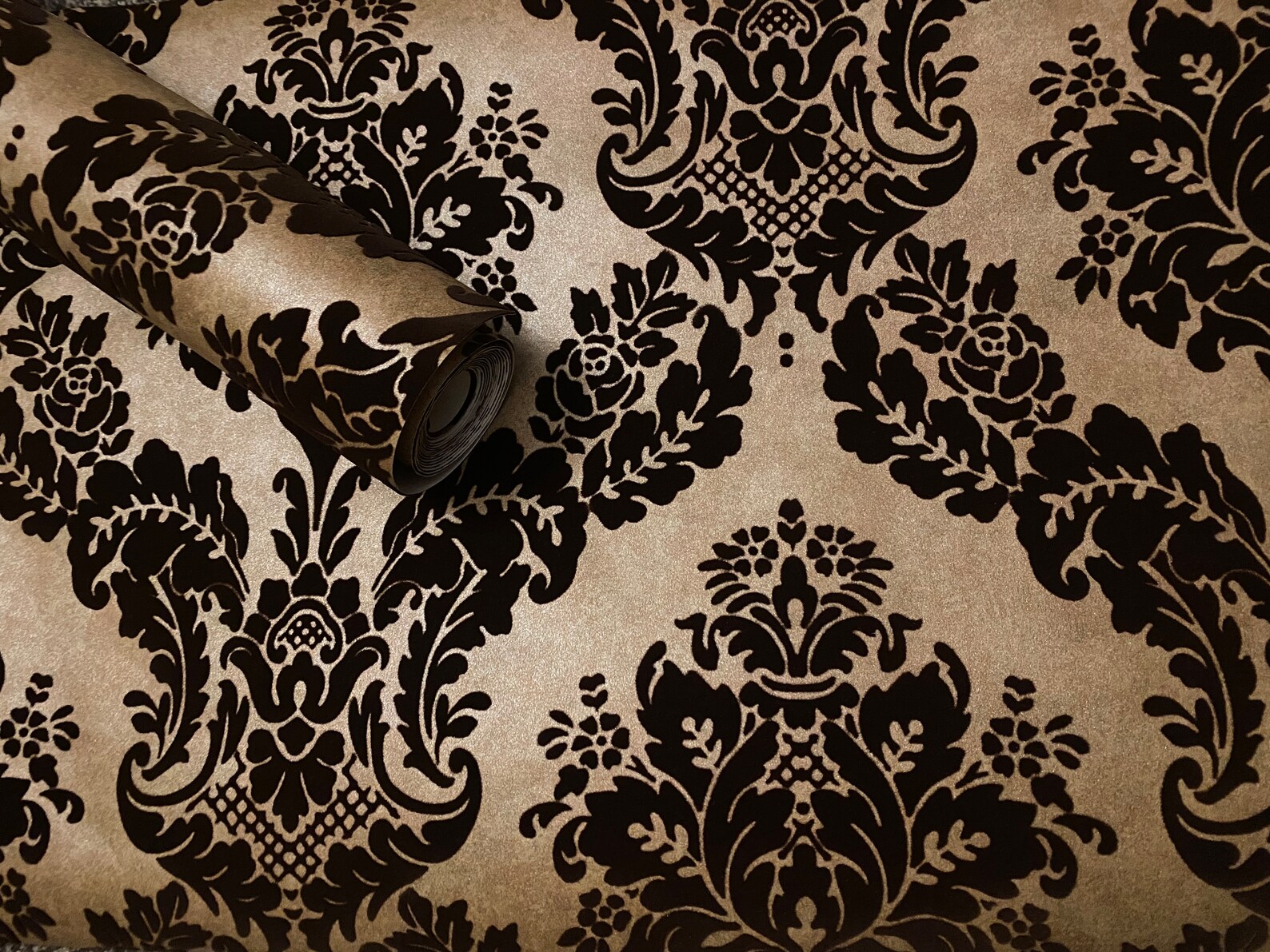 Belfast Damask Flock Wallpaper - Brown and Gold - Irish Bar Wallpaper ...