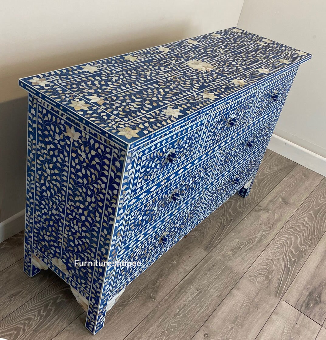 Indian Handmade Mother of Pearl Inlay Floral Blue Chest of - Etsy