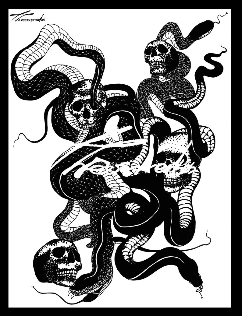 Snakes and Skulls Tattoo Flash Digital MEDIUM Art Print gothic Art original Art home Decor Art ...