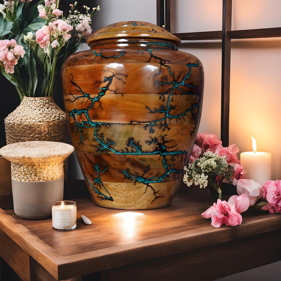 Personalized Mango Wood Cremation Urn: Turquoise Lightning Memorial - Etsy